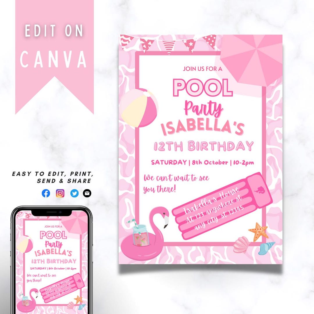Pink Pool Party Invitation, Girls Pool Birthday Invite, Summer Pool ...