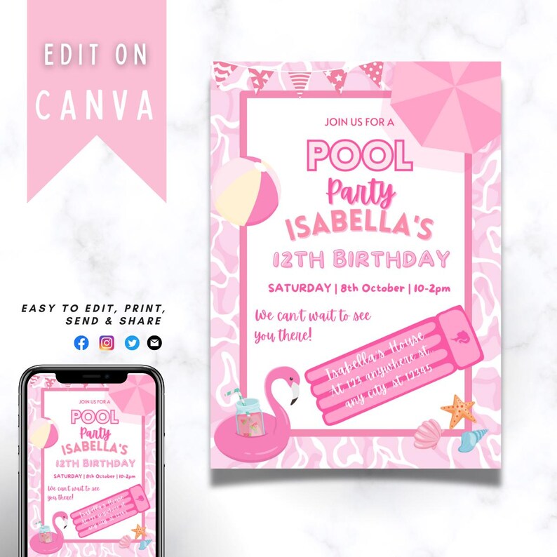 Pink Pool Party Invitation, Girls Pool Birthday Invite, Summer Pool ...