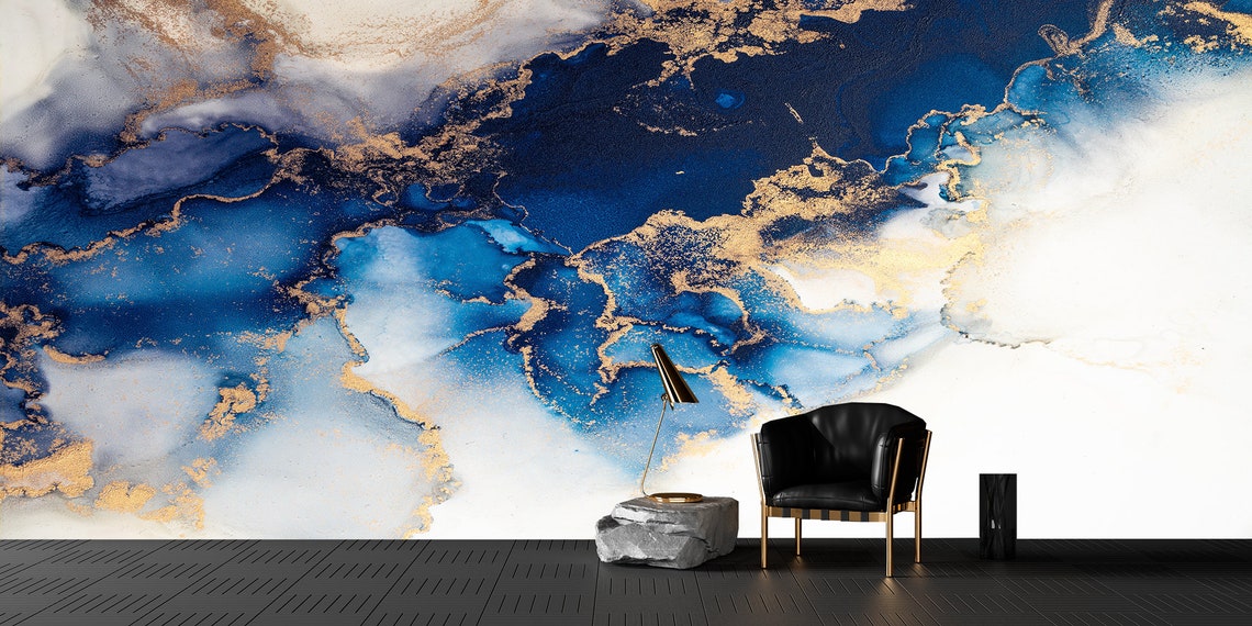 Blue Marble Pattern Wallpaper,gold Dust Luxury Marble Wall Decor Peel ...