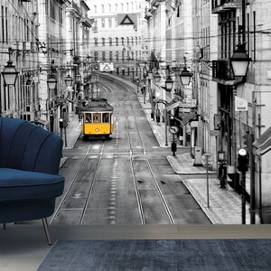 Old Tram Wallpaper, Tram Wall Decor, Lisbon Tram Wall Design, Charcoal ...