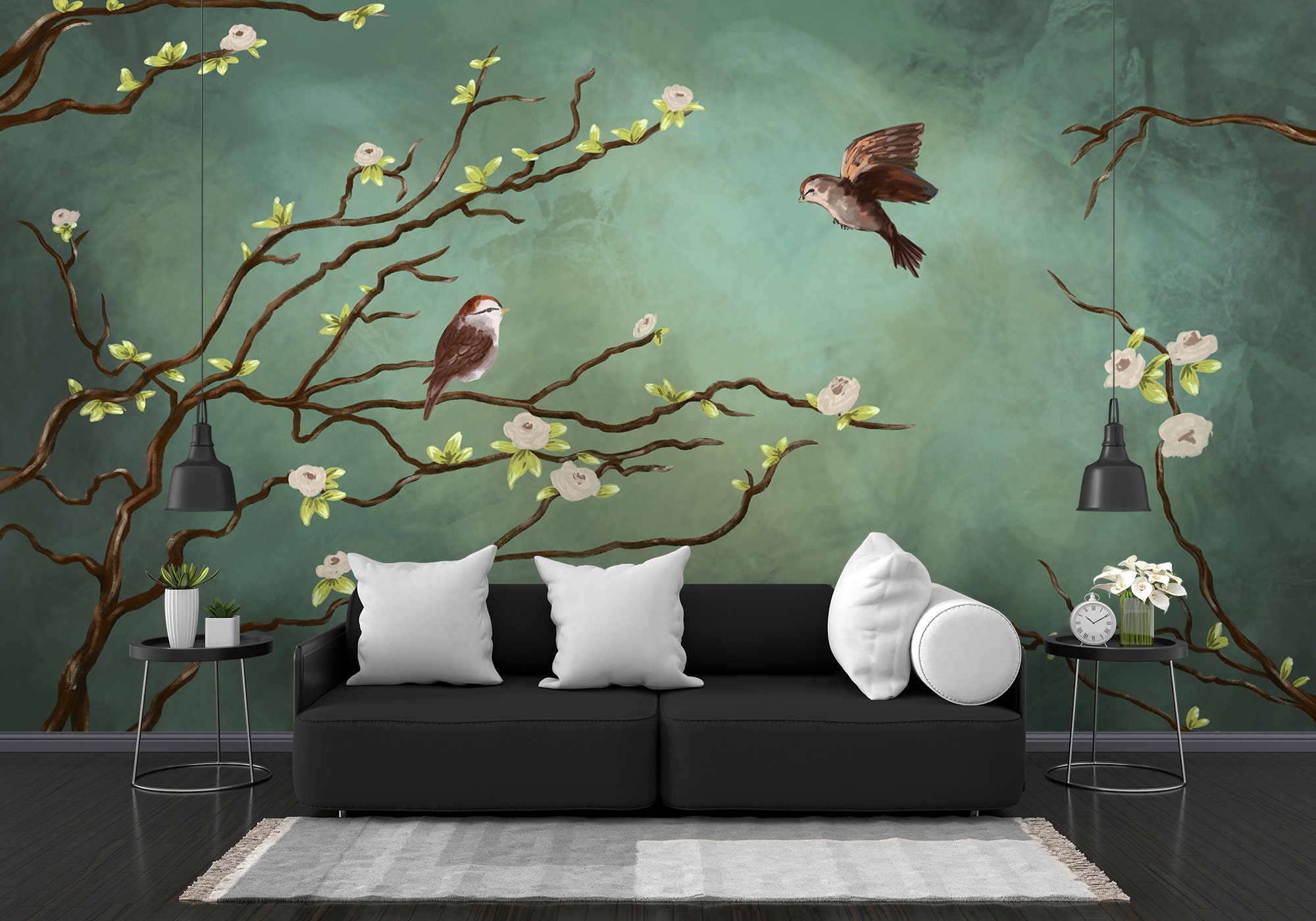 Birds Wallpaper, Bird on Branch Living Room Wall Mural, Peel and Stick ...