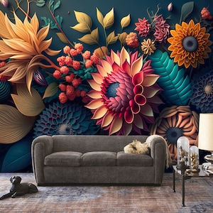 Large Floral Wallpaper, Removable Wallpaper, Large Floral Wall Print ...