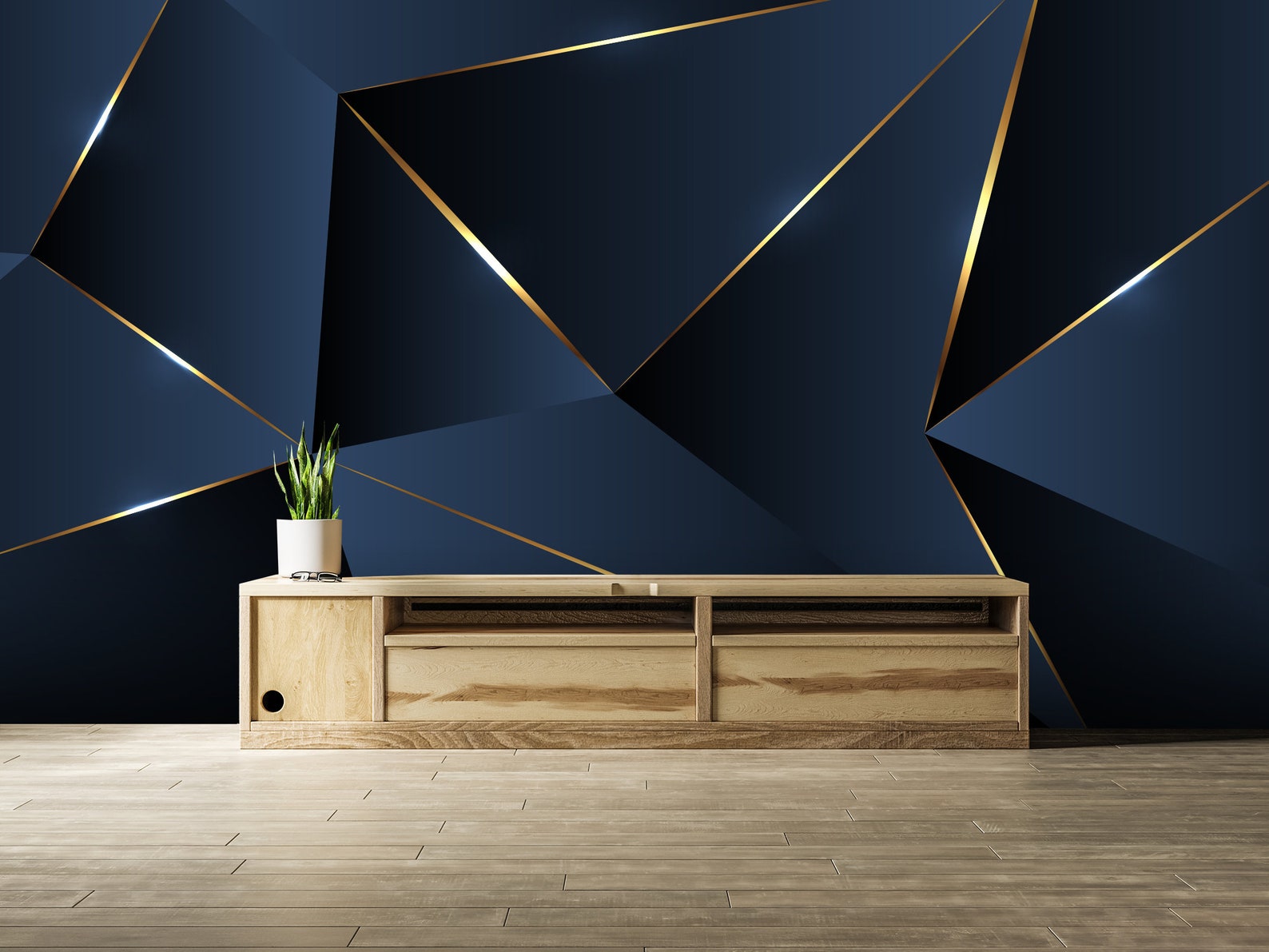 Polygon Wallpaper, Triangle Wall Decor With Gold Stripes, Luxury Wall ...