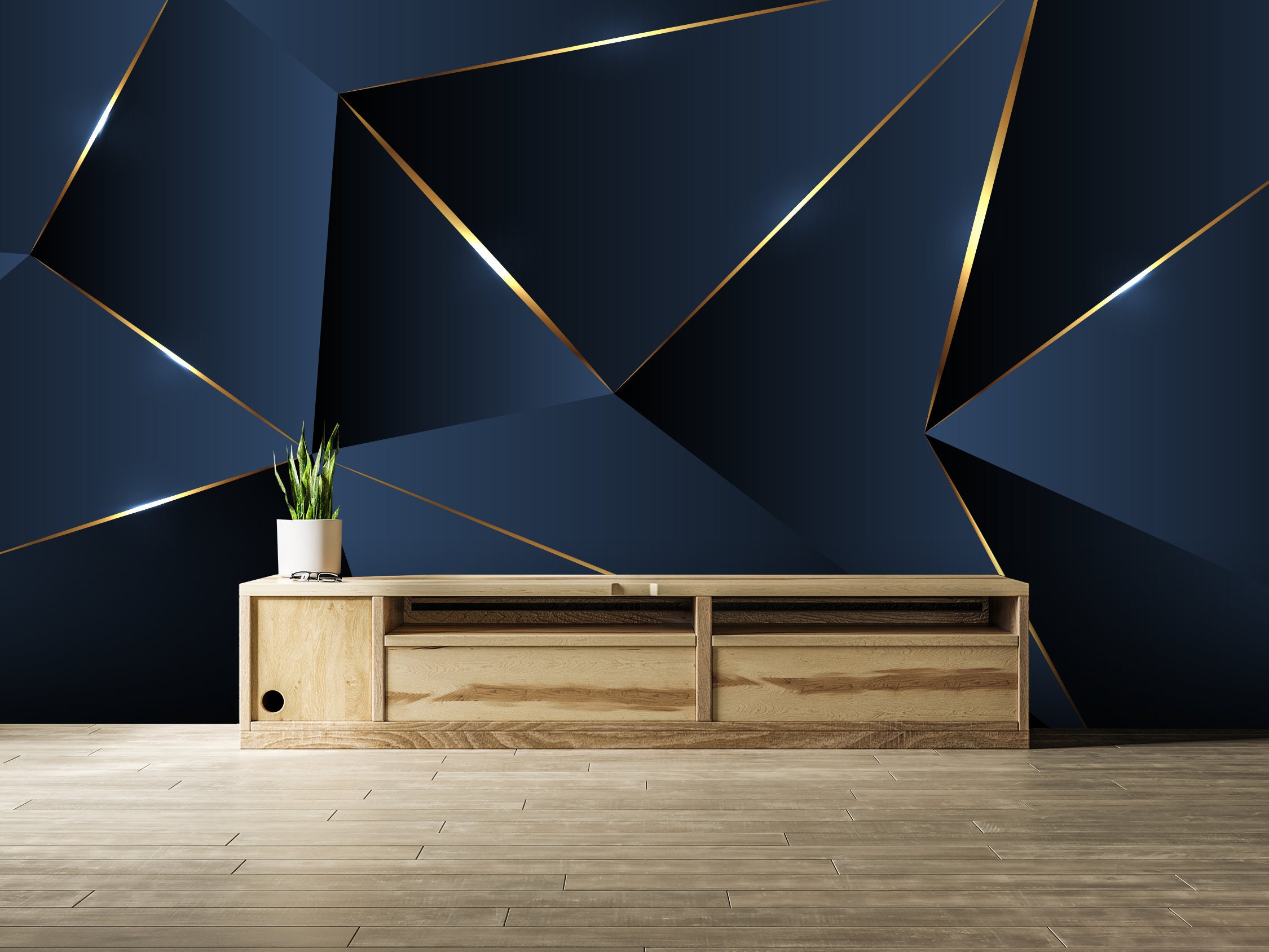 Polygon Wallpaper, Triangle Wall Decor With Gold Stripes, Luxury Wall ...