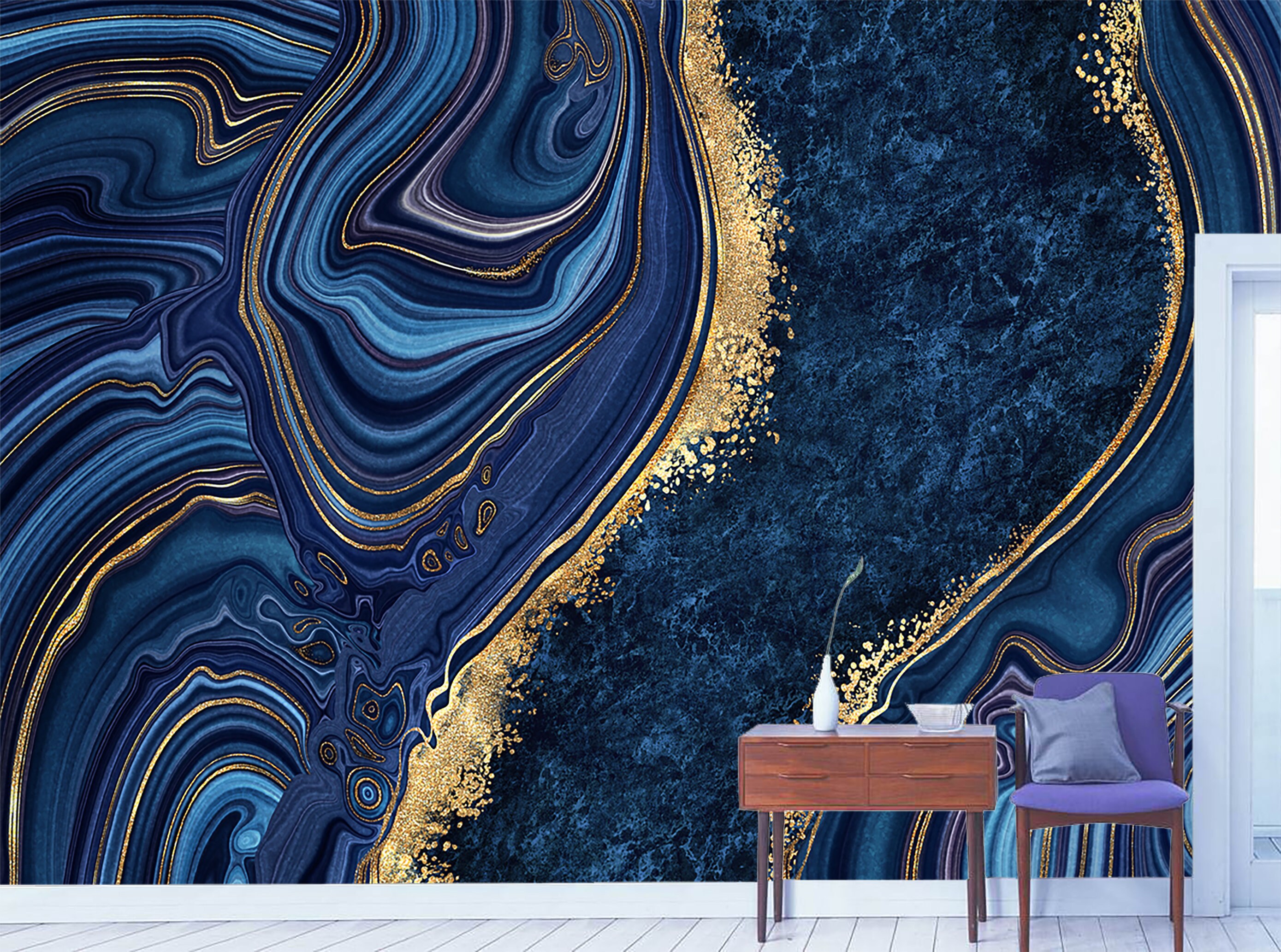 Blue Marble Agate Granite Mosaic With Golden Veins Peel and - Etsy