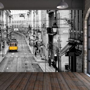 Old Tram Wallpaper, Tram Wall Decor, Lisbon Tram Wall Design, Charcoal ...