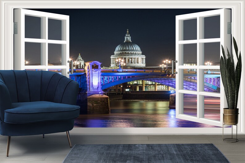 Fake Window Wallpaper, Fake Window Bridge Wall Decor, Vinyl Art Poster ...