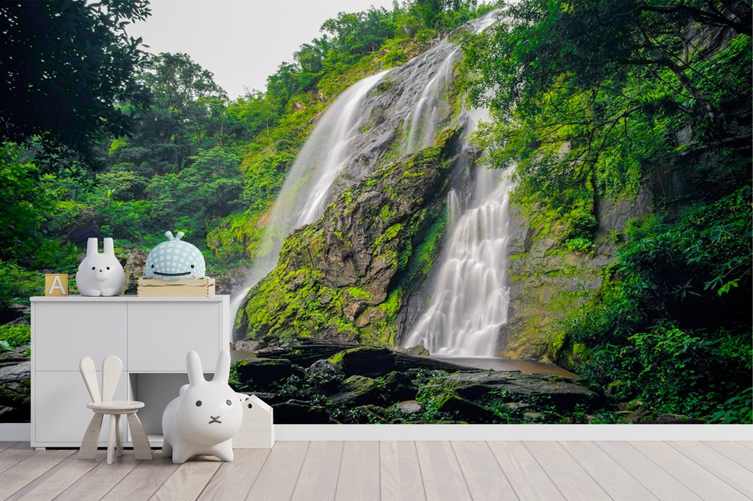Waterfall Wallpaper Peel and Stick, Waterfall Design With Green Forest ...