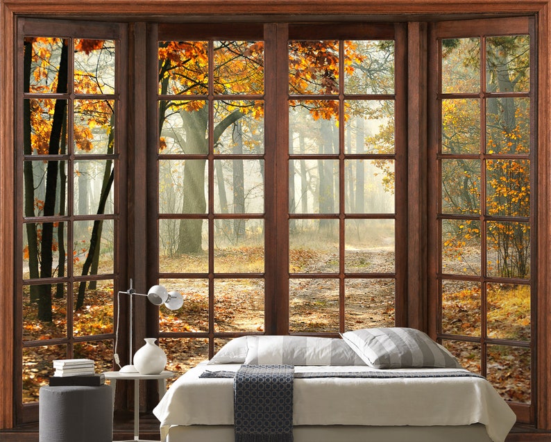 Forest View Fake Window Wallpaper, Autumn Wall Design Peel and Stick ...