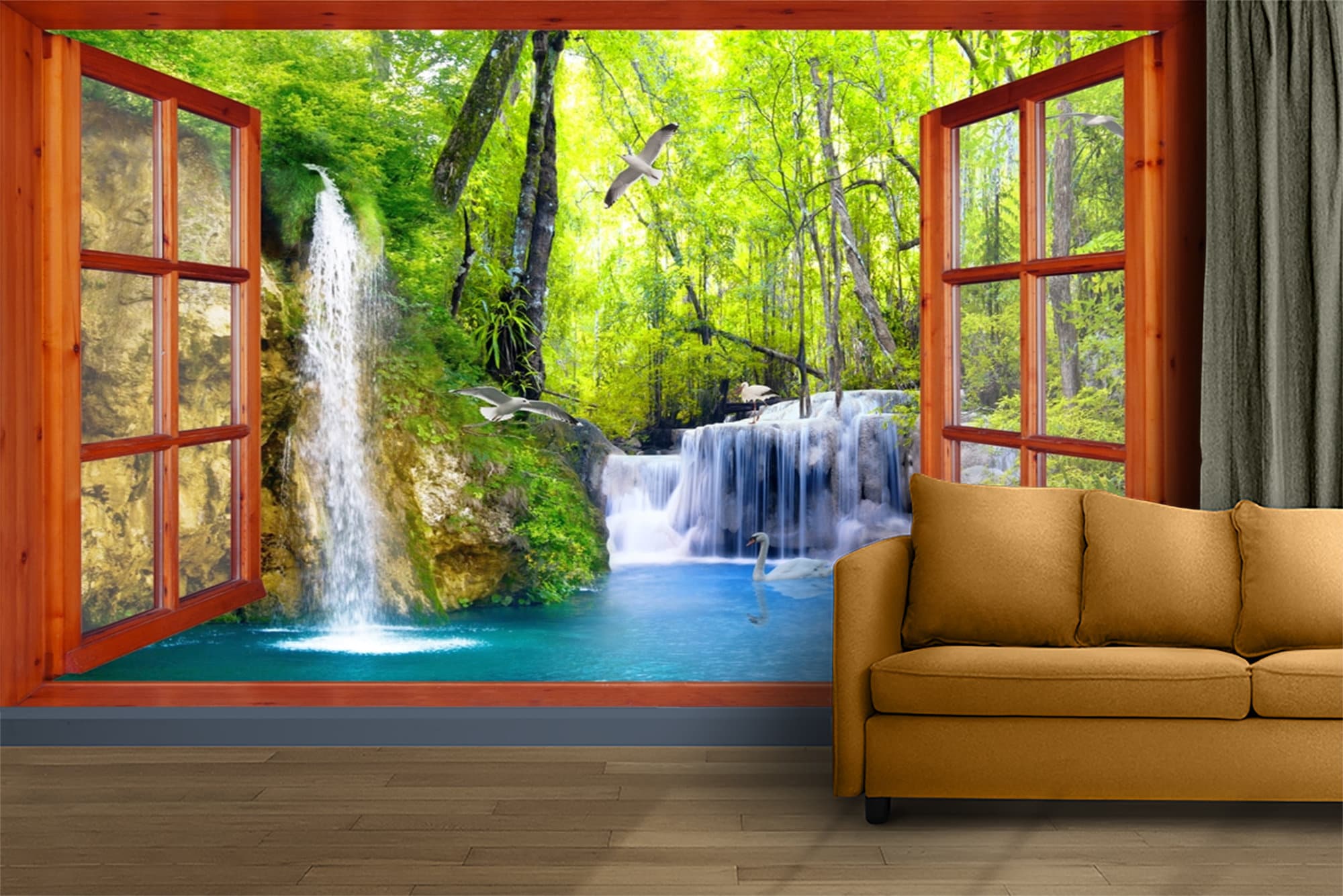 Fake Window Wallpaper Peel and Stick, Faux Wood Window Wall Design ...