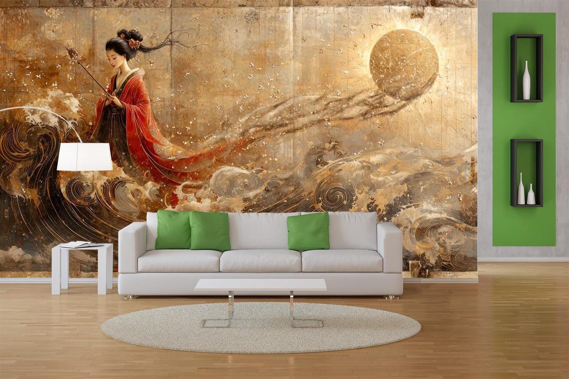 Golden Moon Geisha Wall Mural,japanese Landscape Art,japanese Geisha ...