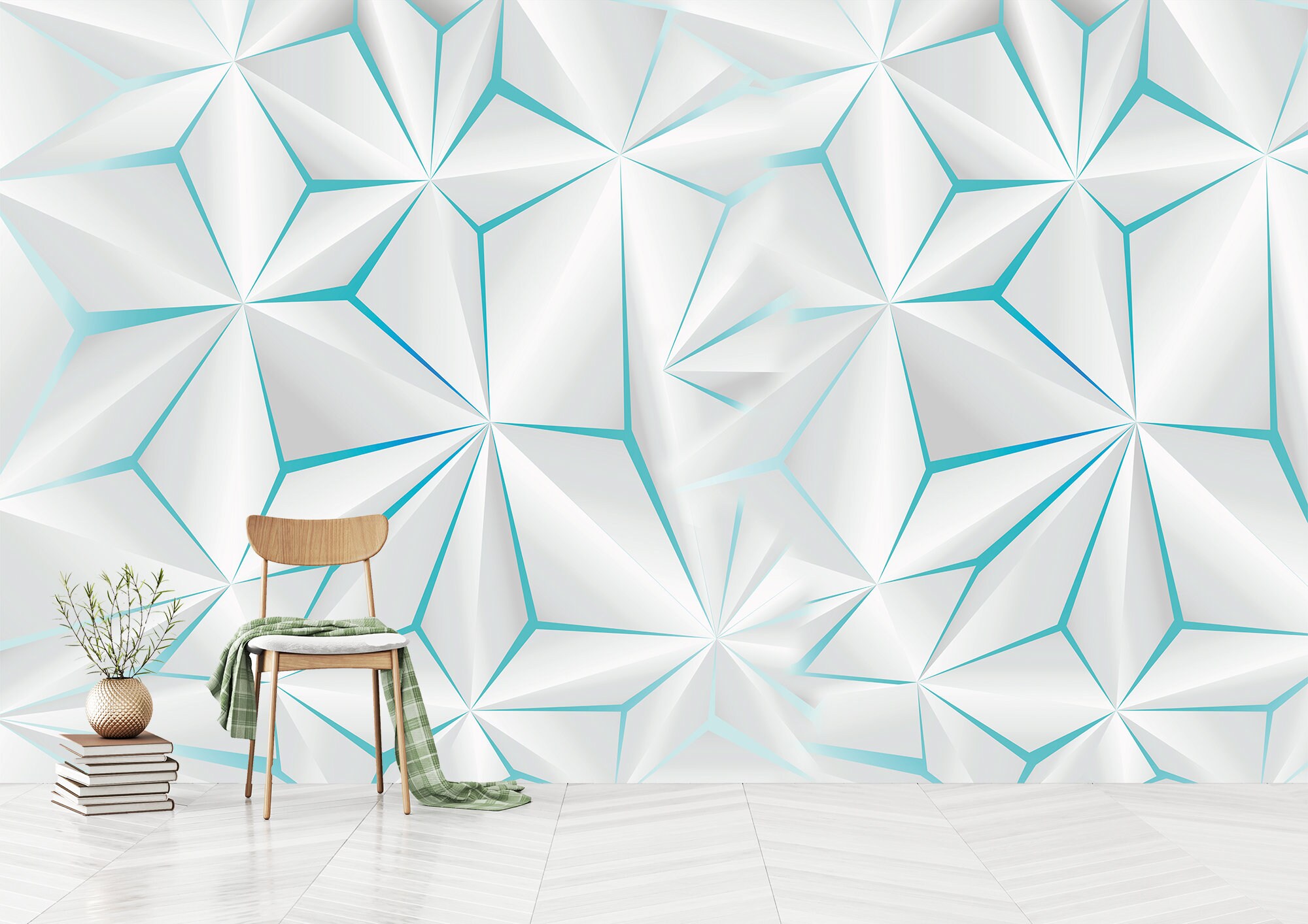 Blue Geometric Wallpaper, Modern Geometric Wall Decor, Triangle Polygon ...