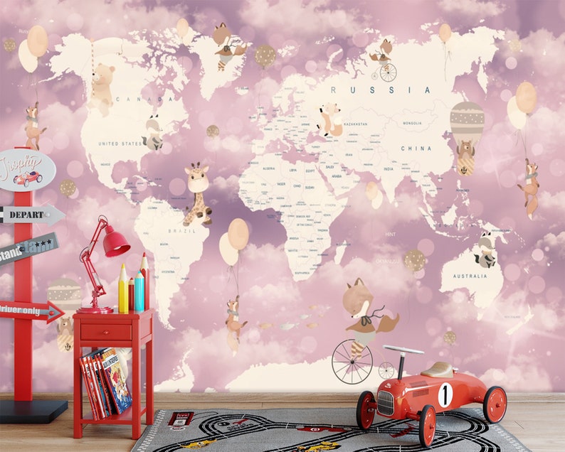 Girls Map Wallpaper Peel and Stick Education Continent World Map Mural ...