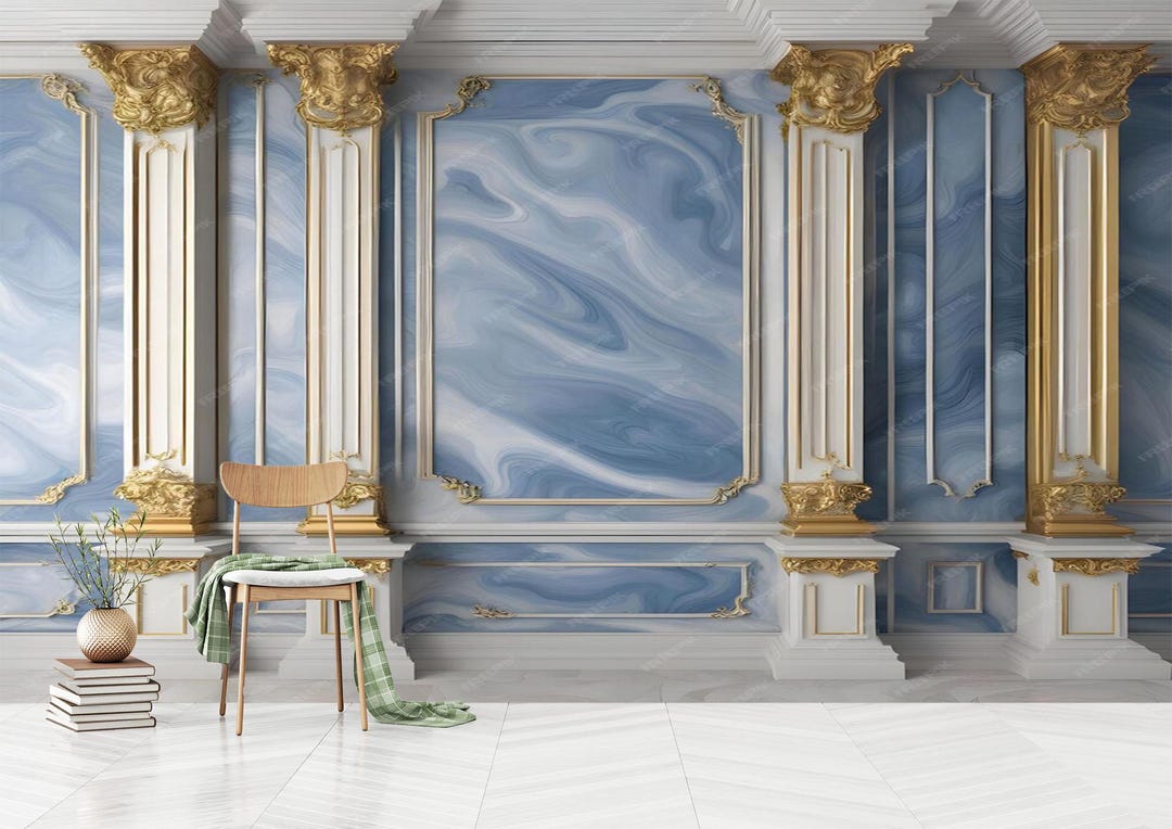 Blue and White Column Wallpaper,gold and White Column Wallpaper,living ...