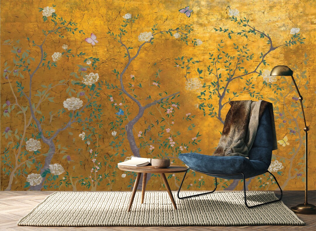 Chinese Wallpaper Peel and Stick,golden Yellow Chinese Wall Art Non ...