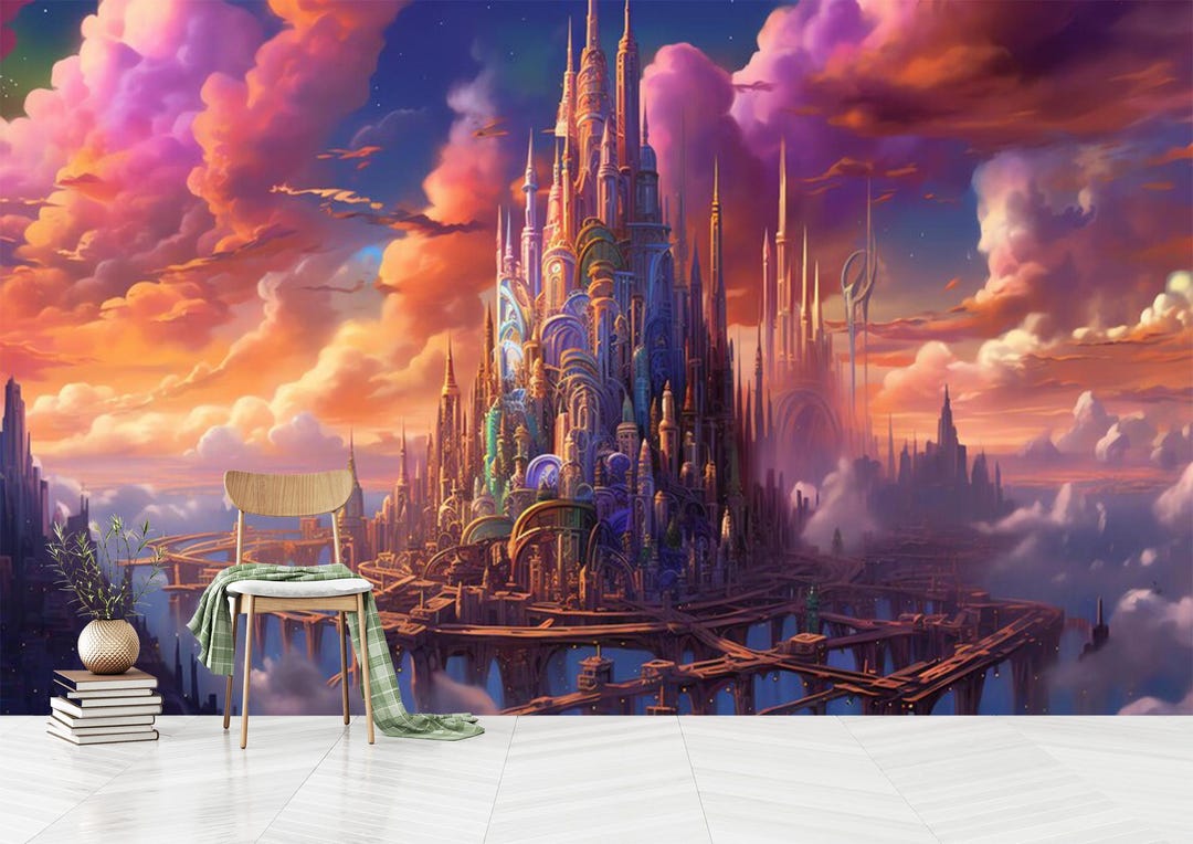Large Castle Wallpaper,cloudy Castle Wall Design,colorful Castle Wall Decor,fantasy World Wall ...