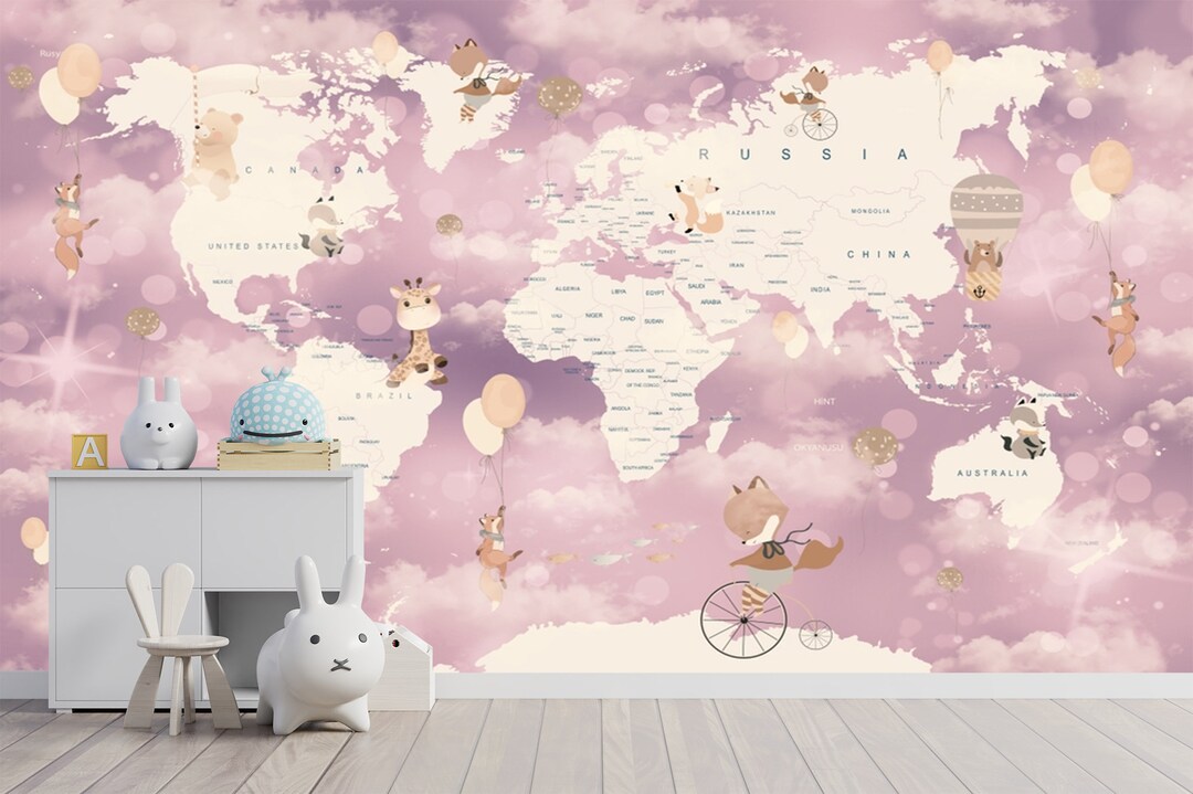 Girls Map Wallpaper Peel and Stick Education Continent World Map Mural ...
