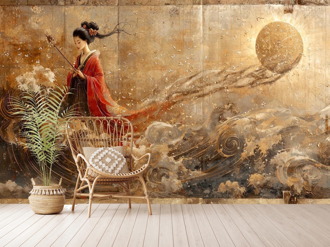 Golden Moon Geisha Wall Mural,japanese Landscape Art,japanese Geisha ...