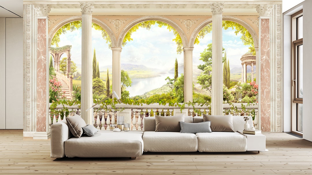 Column Wallpaper, 3D Balcony View Wall Design, Faux Column Mural, Roman ...