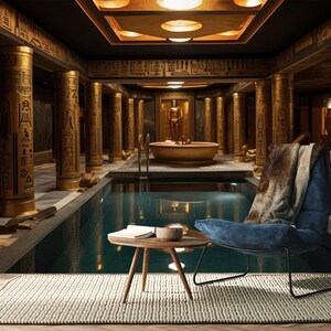 Egyptian Pool Themed Wallpaper,egyptian Hieroglyphs Engravings Wall ...