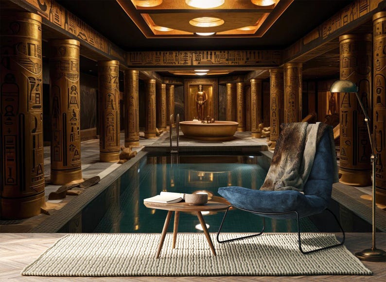 Egyptian Pool Themed Wallpaper,egyptian Hieroglyphs Engravings Wall ...