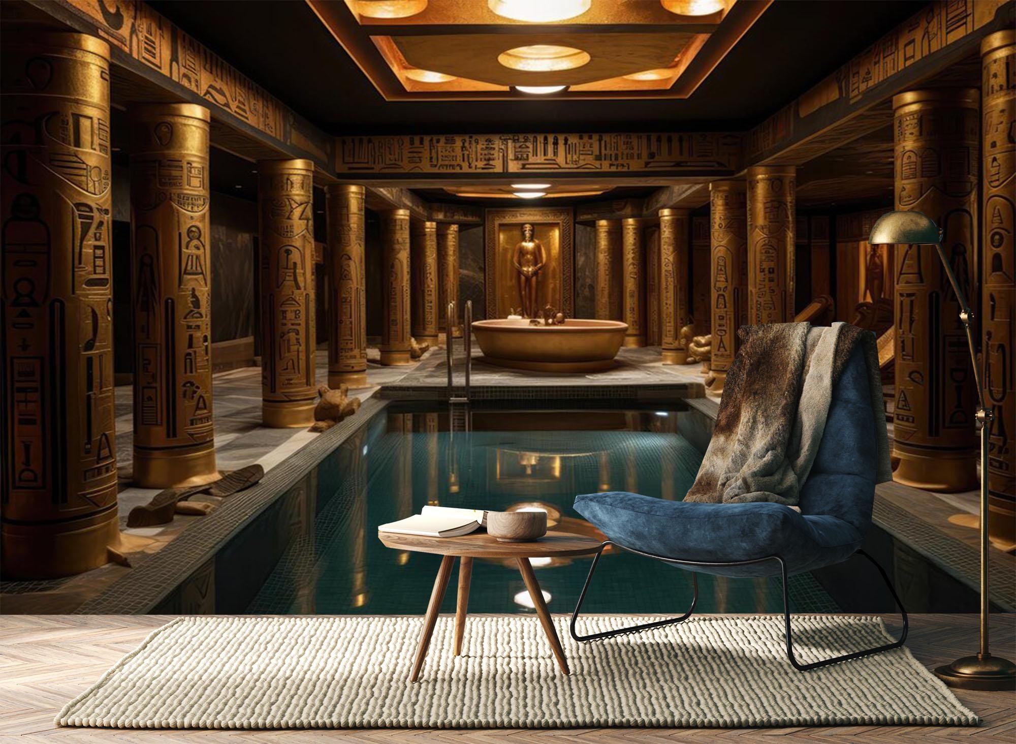 Egyptian Pool Themed Wallpaper,egyptian Hieroglyphs Engravings Wall ...