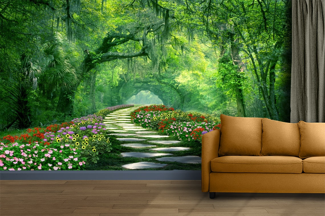 Forest Path Wallpaper,nature Forest Wall Decor,green Forest Wall Design ...