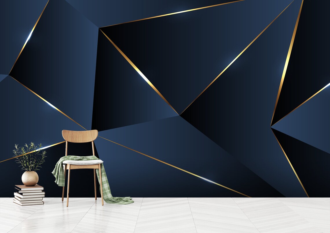 Polygon Wallpaper, Triangle Wall Decor With Gold Stripes, Luxury Wall ...