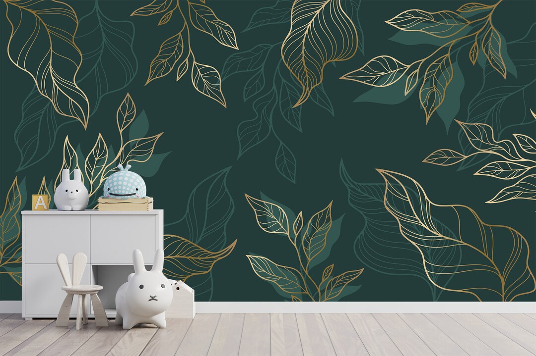 Green Leaf Wallpaper With Gold Design, Tropical Large Leaf Wall Design ...