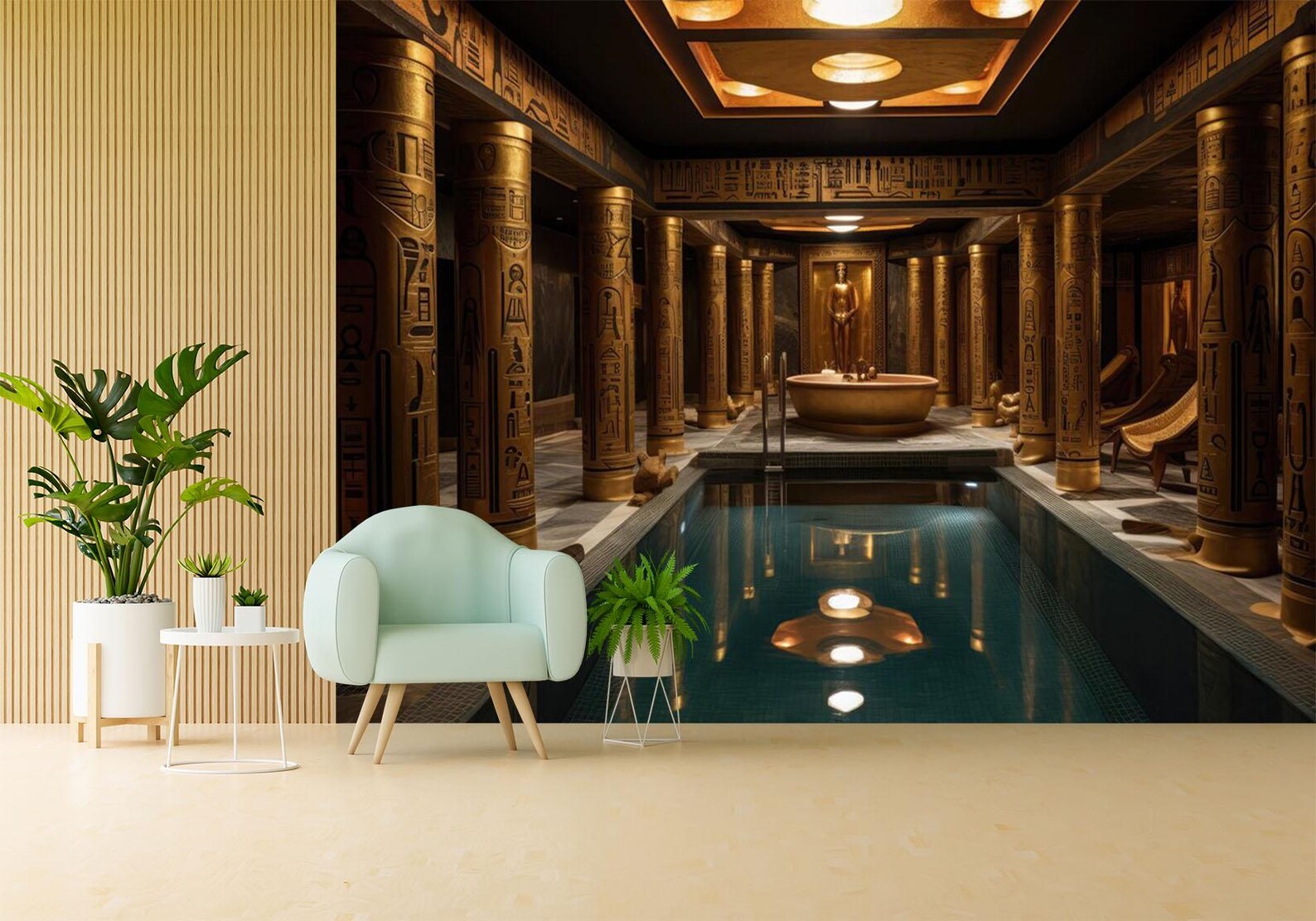 Egyptian Pool Themed Wallpaper,egyptian Hieroglyphs Engravings Wall ...