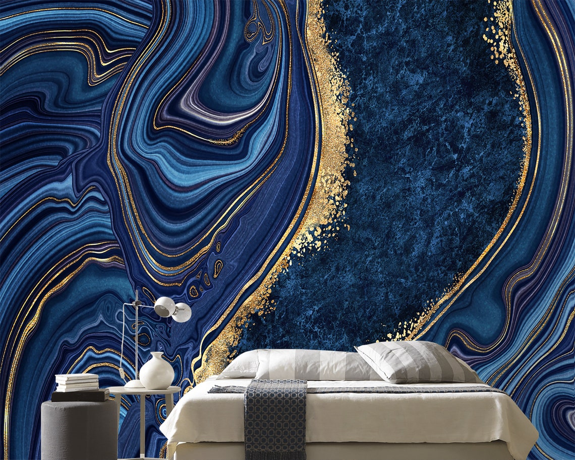 Blue Marble Agate Granite Mosaic With Golden Veins Peel and - Etsy