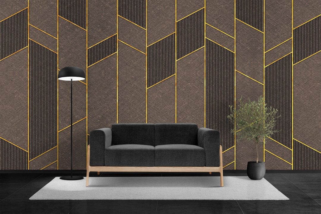 Gold Geometric Shapes Wallpaper, Gold Square Pattern Wall Decor, Self ...