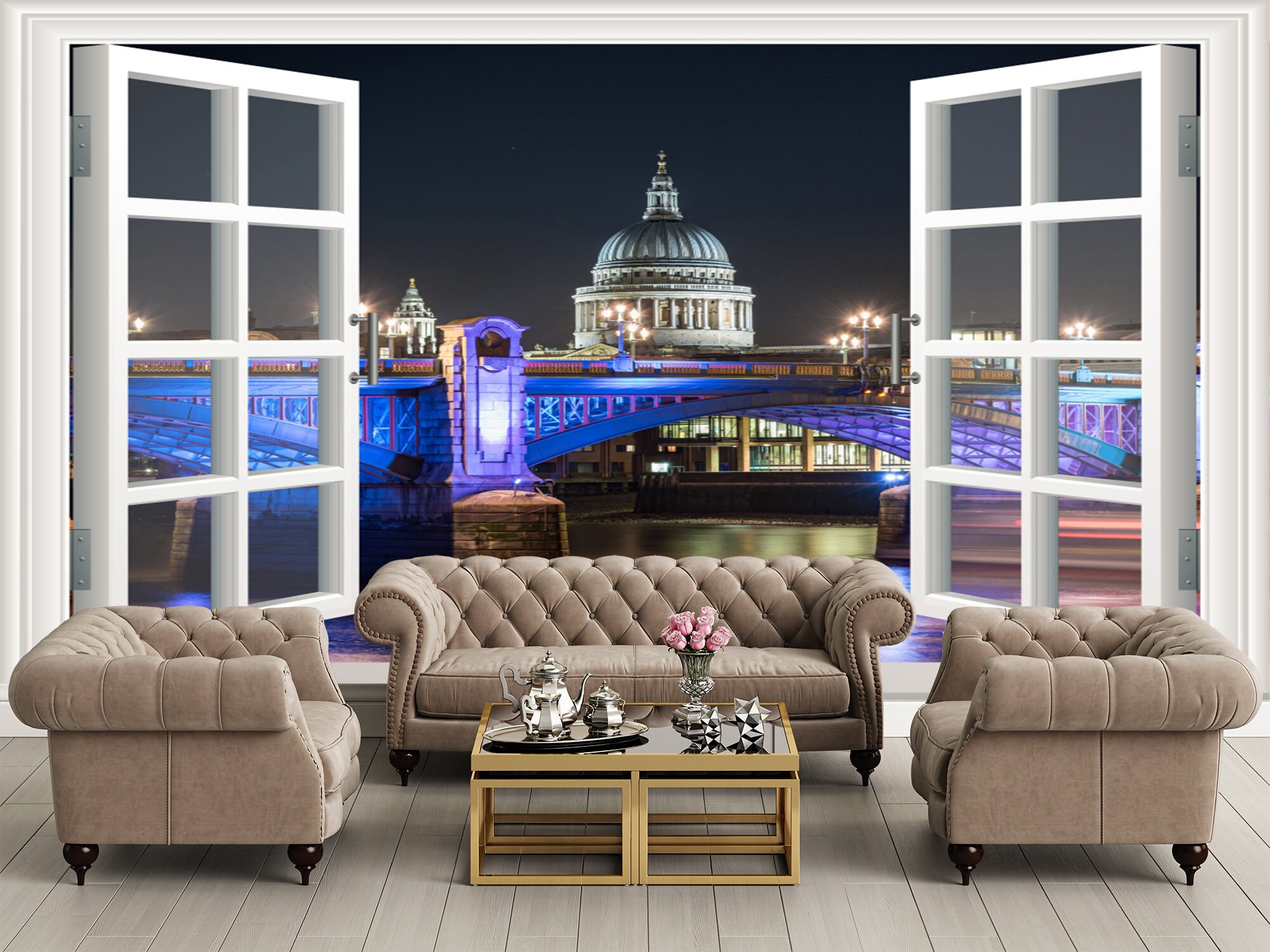 Fake Window Wallpaper, Fake Window Bridge Wall Decor, Vinyl Art Poster ...