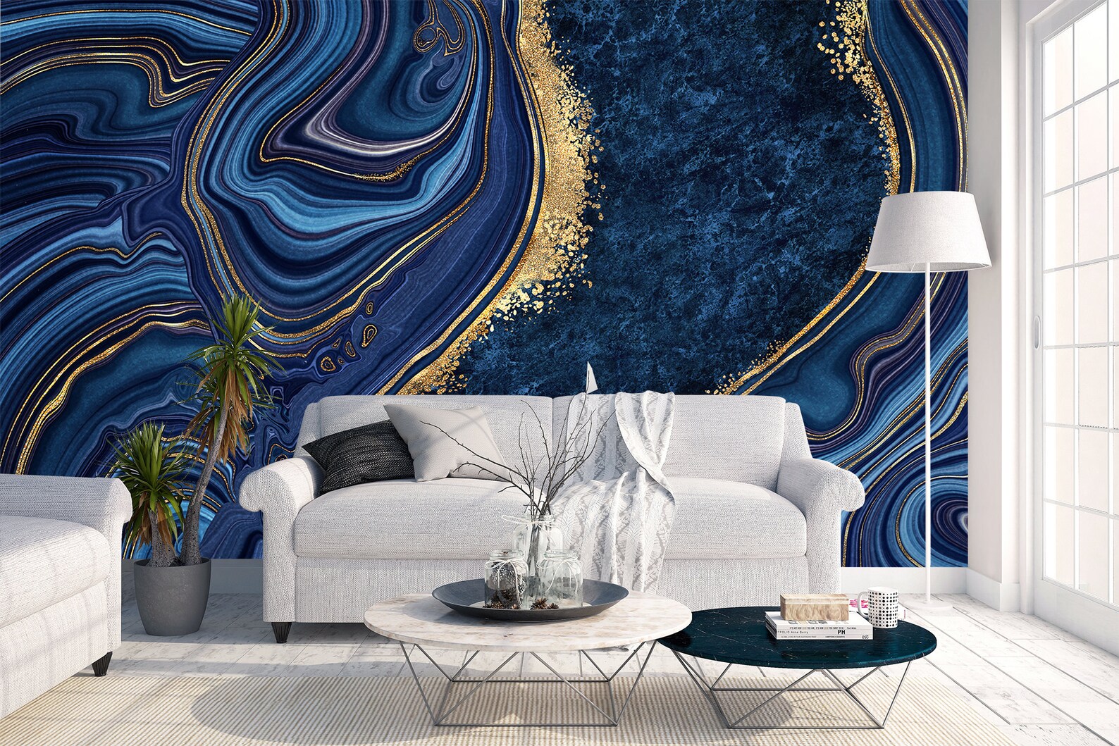 Blue Marble Agate Granite Mosaic With Golden Veins Peel and - Etsy