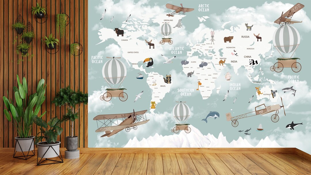 Educational World Map Wallpaper for Kids, Kids World Wall Decor, Kids ...