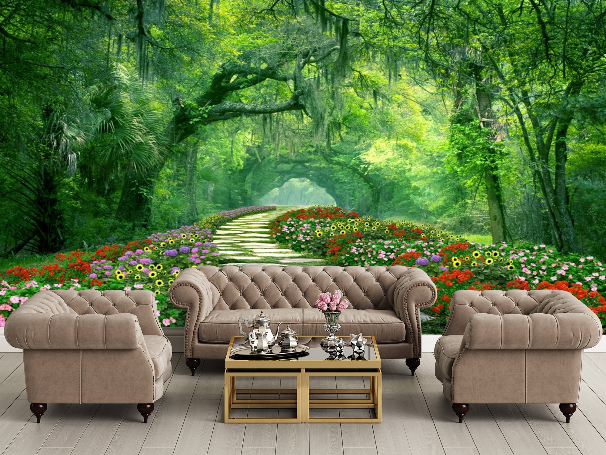 Forest Path Wallpaper,nature Forest Wall Decor,green Forest Wall Design ...