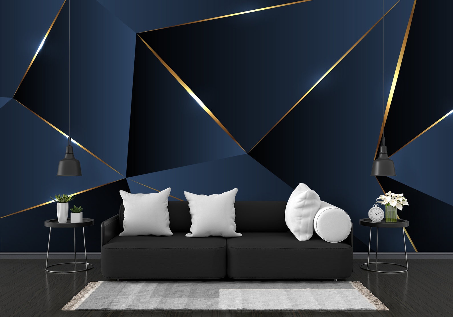 Polygon Wallpaper, Triangle Wall Decor With Gold Stripes, Luxury Wall ...