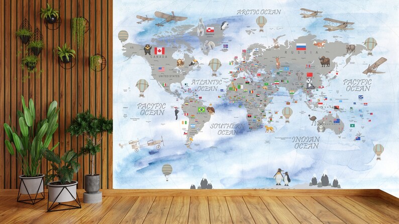 Country Flags World Map Wallpaper, World Map Wall Design for Kids, Educational Looking World Map ...