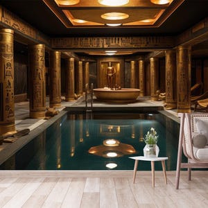 Egyptian Pool Themed Wallpaper,egyptian Hieroglyphs Engravings Wall ...