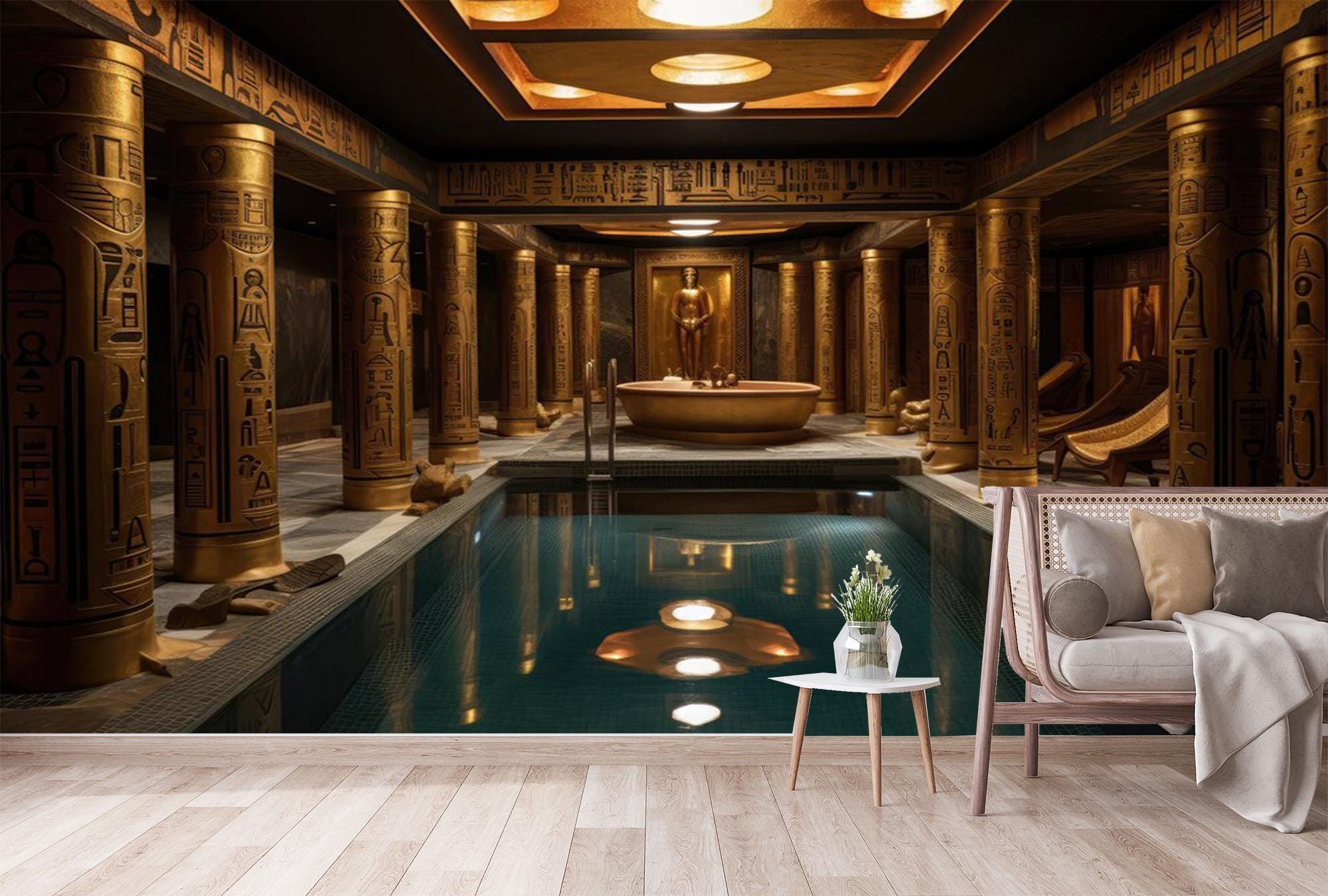 Egyptian Pool Themed Wallpaper,egyptian Hieroglyphs Engravings Wall ...