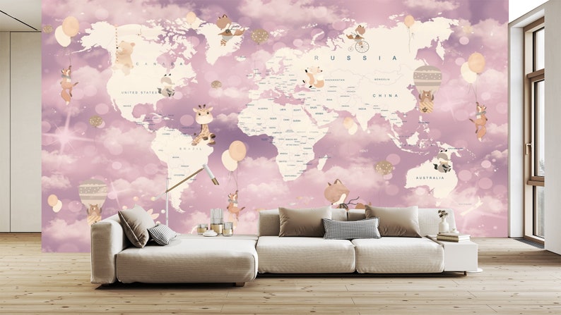 Girls Map Wallpaper Peel and Stick Education Continent World Map Mural ...