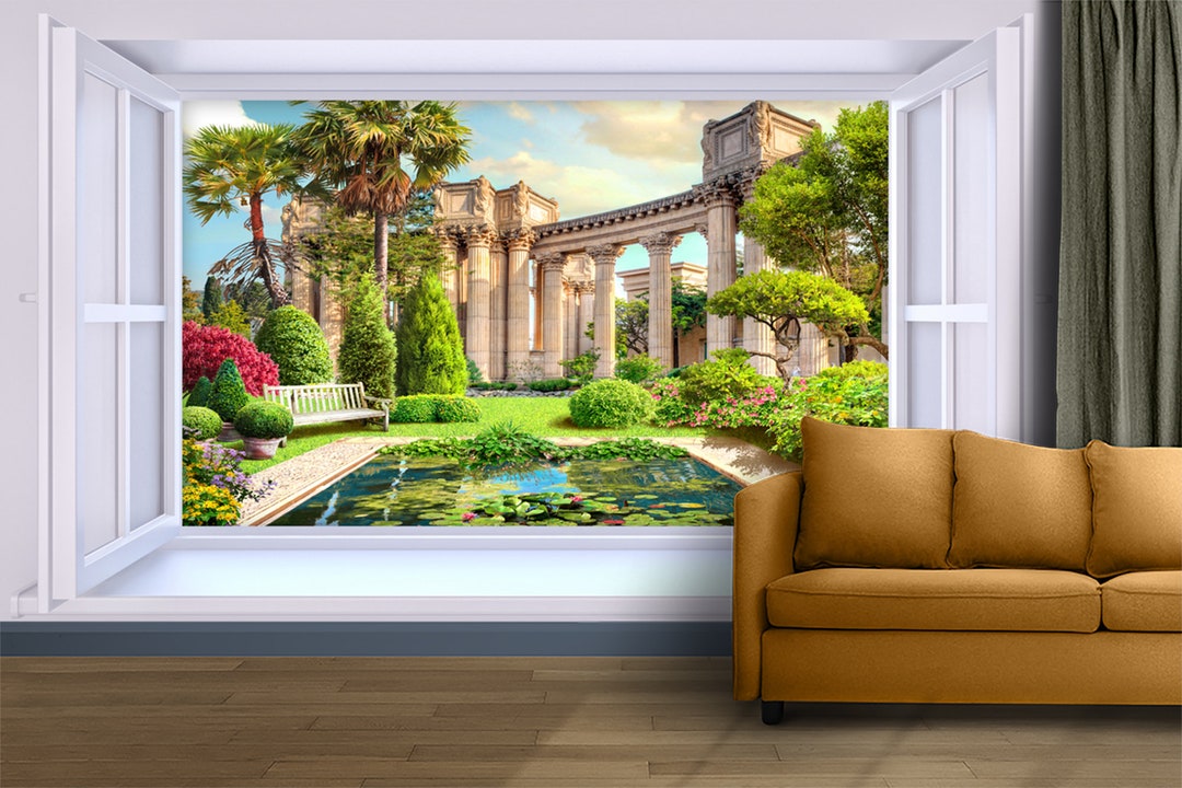 Fake Window Roman Column Wallpaper, Garden Look Wall Decor, Historic ...