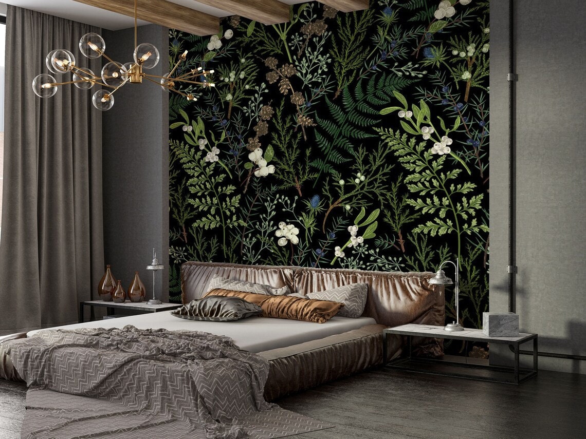 Matte Green Botanical Peel and Stick Wallpaper,matte Botanical Wall ...