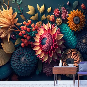 Large Floral Wallpaper, Removable Wallpaper, Large Floral Wall Print ...