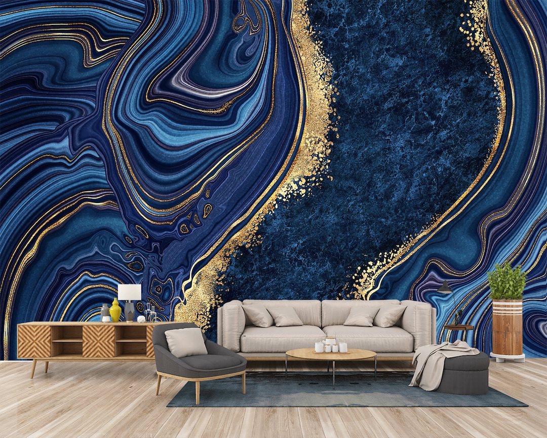 Blue Marble Agate Granite Mosaic With Golden Veins Peel and - Etsy