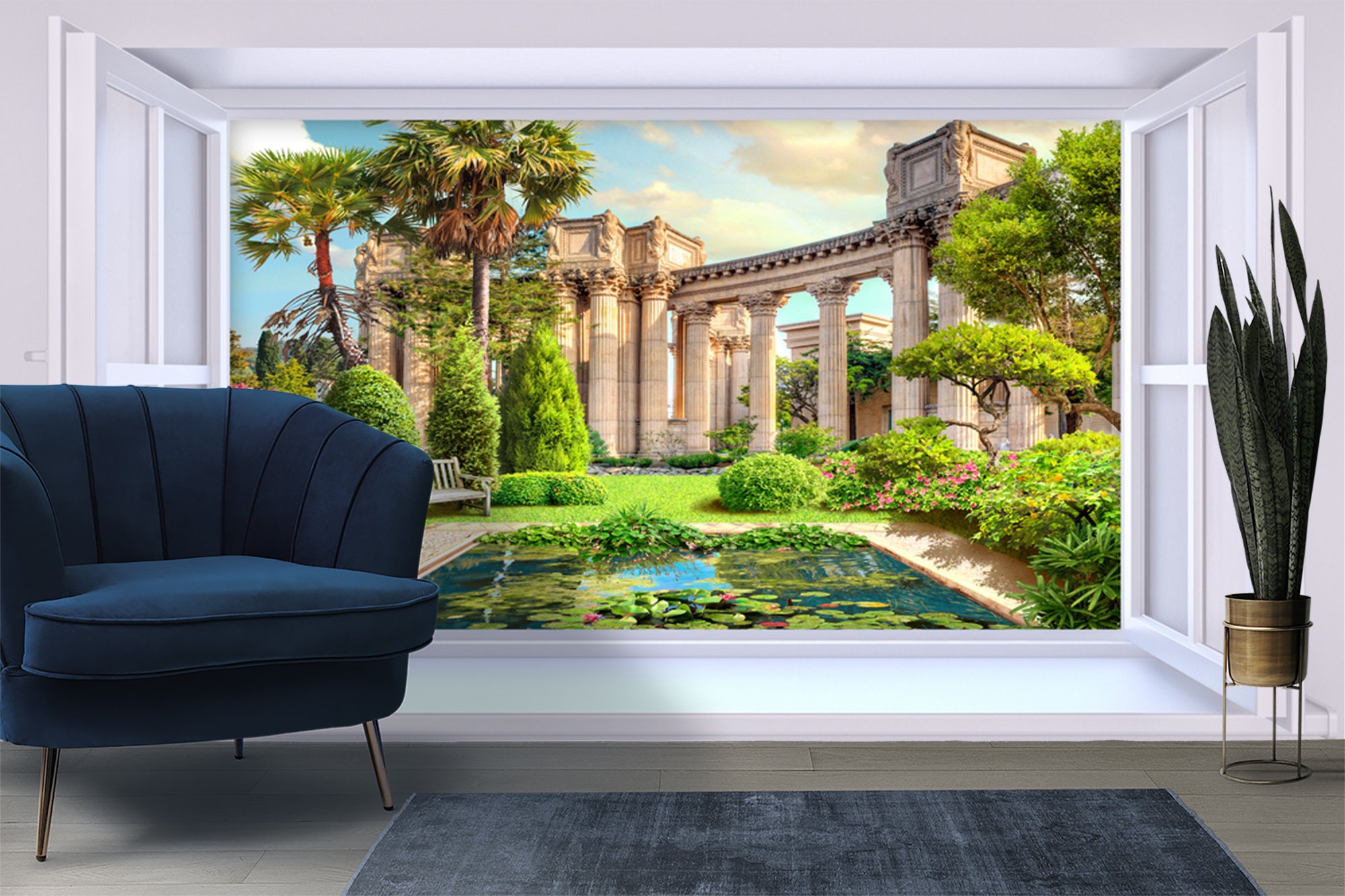 Fake Window Roman Column Wallpaper, Garden Look Wall Decor, Historic ...