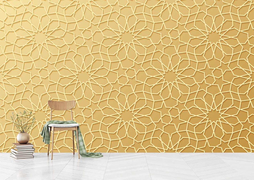 Gold Arabic Geometric Wallpaper Peel and Stick, Islamic Star Wall Art ...