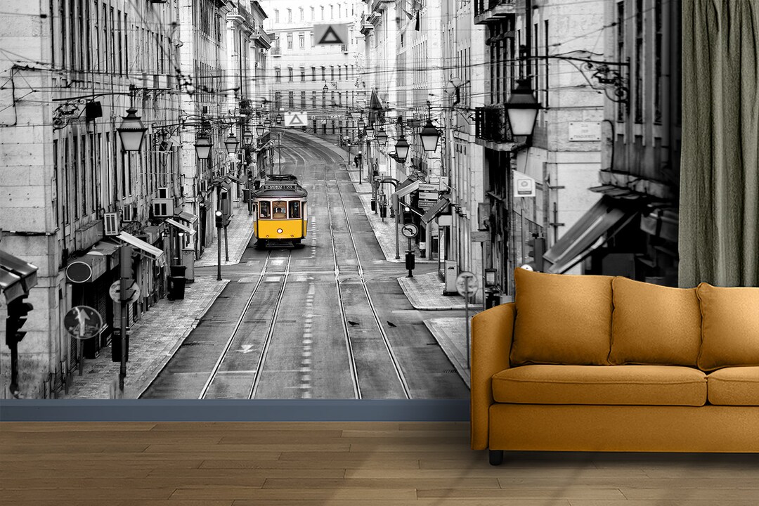 Old Tram Wallpaper, Tram Wall Decor, Lisbon Tram Wall Design, Charcoal ...