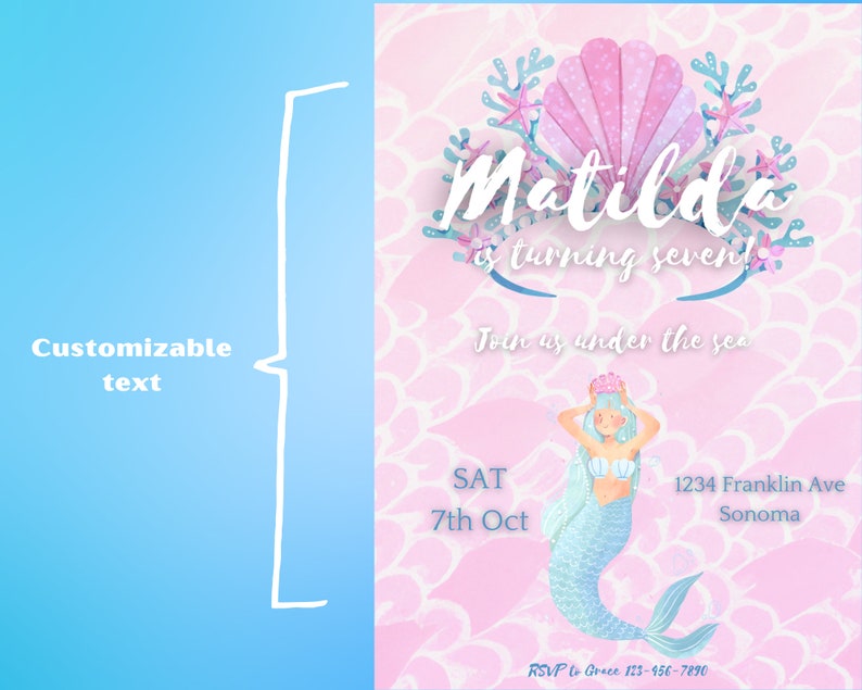 Birthday Invitation for Girls, Mermaid Sea Ariel Little Mermaid Pink ...