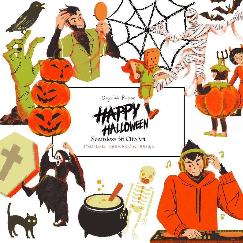 36 Happy Halloween Clipart, Hand Drawn Spooky Halloween Stickers ...
